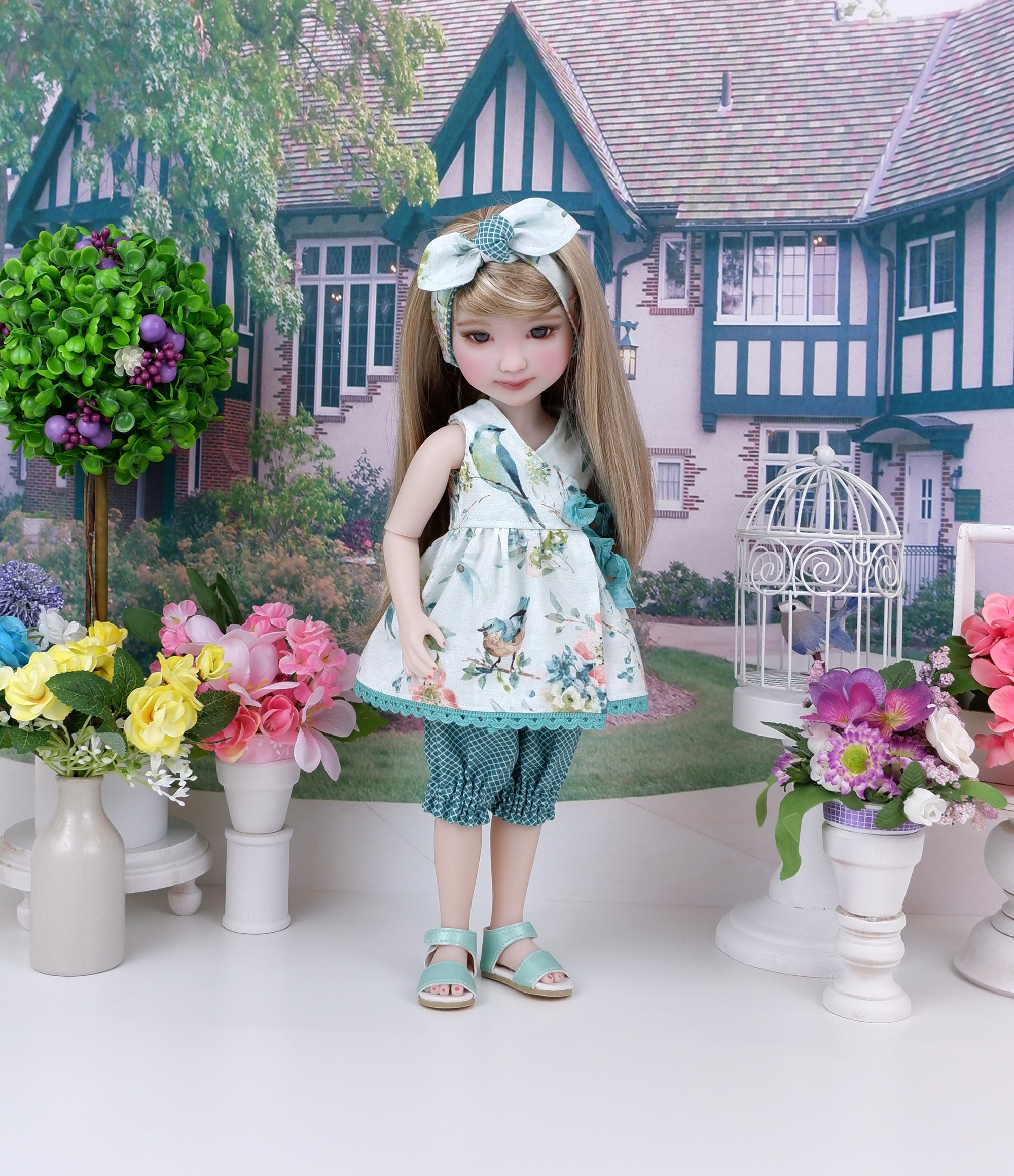 Watercolor Bluebirds - top & bloomers with sandals for Ruby Red Fashio ...